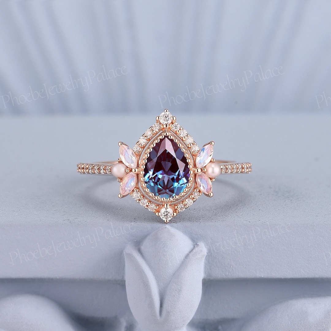 Vintage Alexandrite and Pearl Engagement Ring Delicate Pear Alexandrite ...