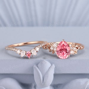 Unique Peach Pink Sapphire Engagement Ring Set Vintage Pear Wedding ...