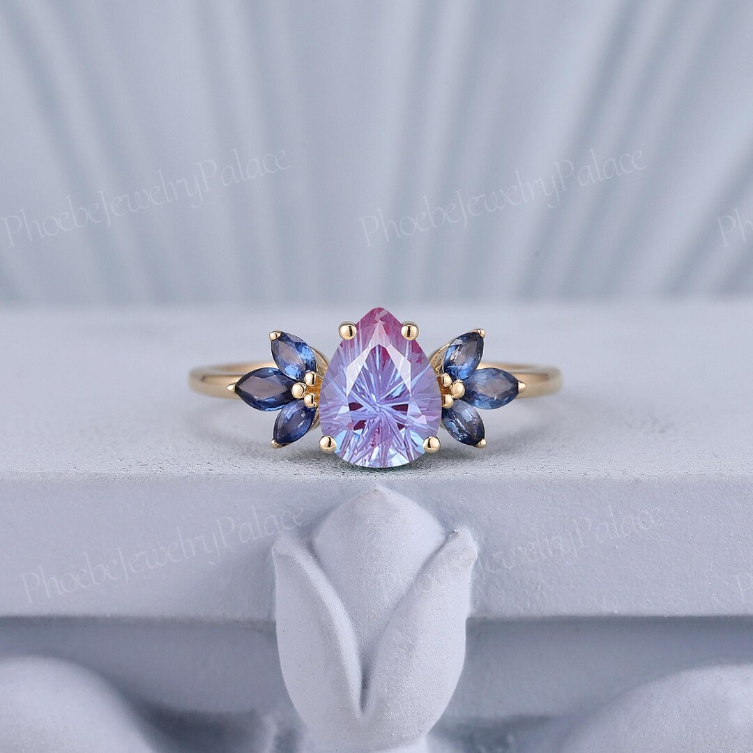 Unique Alexandrite Engagement Ring Delicate Pear Star Cut Wedding Rings ...