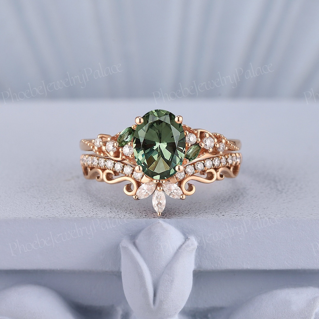 Unique Green Sapphire Engagement Ring Set Oval Vintage Diamond Wedding ...