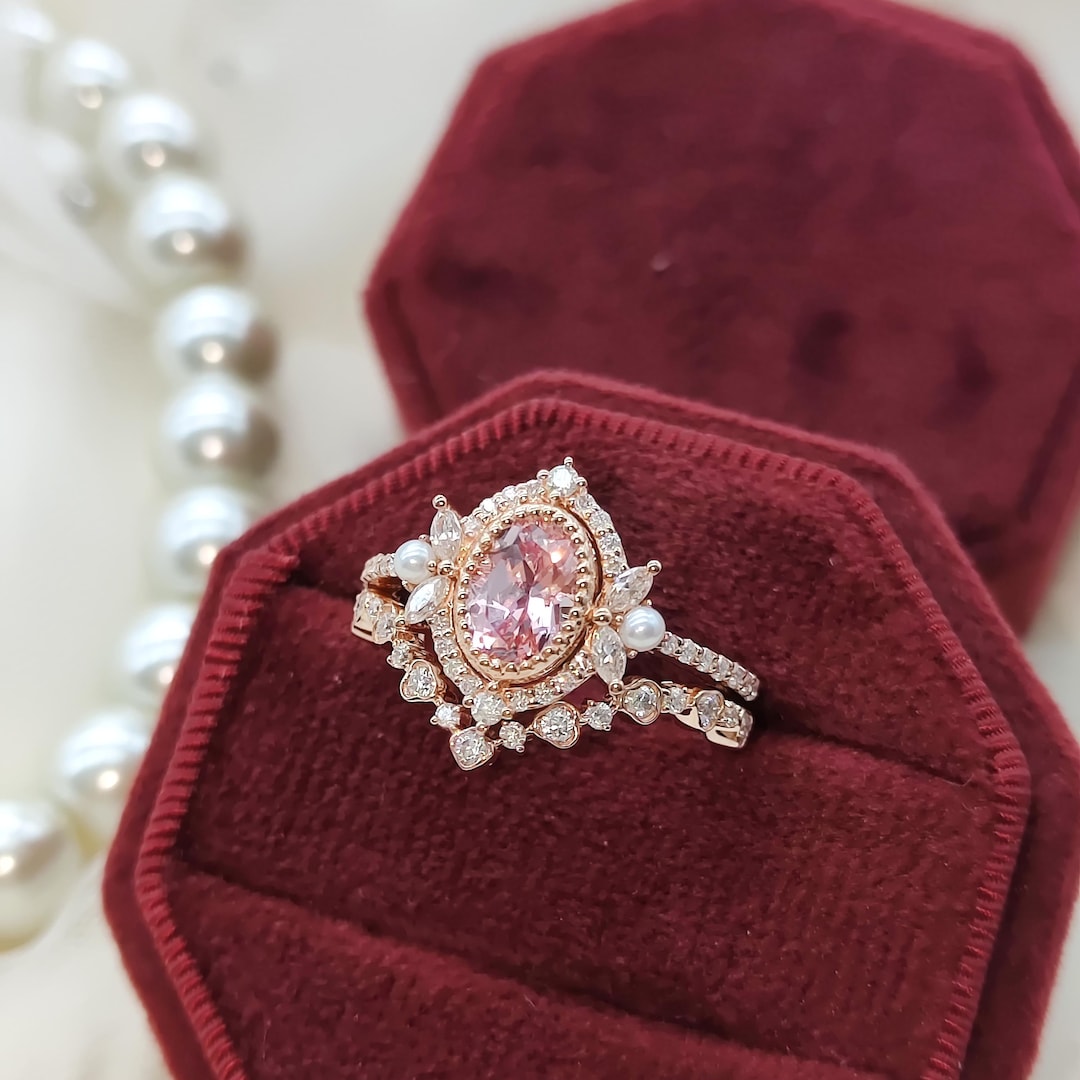 Unique Pink Sapphire Engagement Ring Set Vintage Pink Wedding Ring Set ...