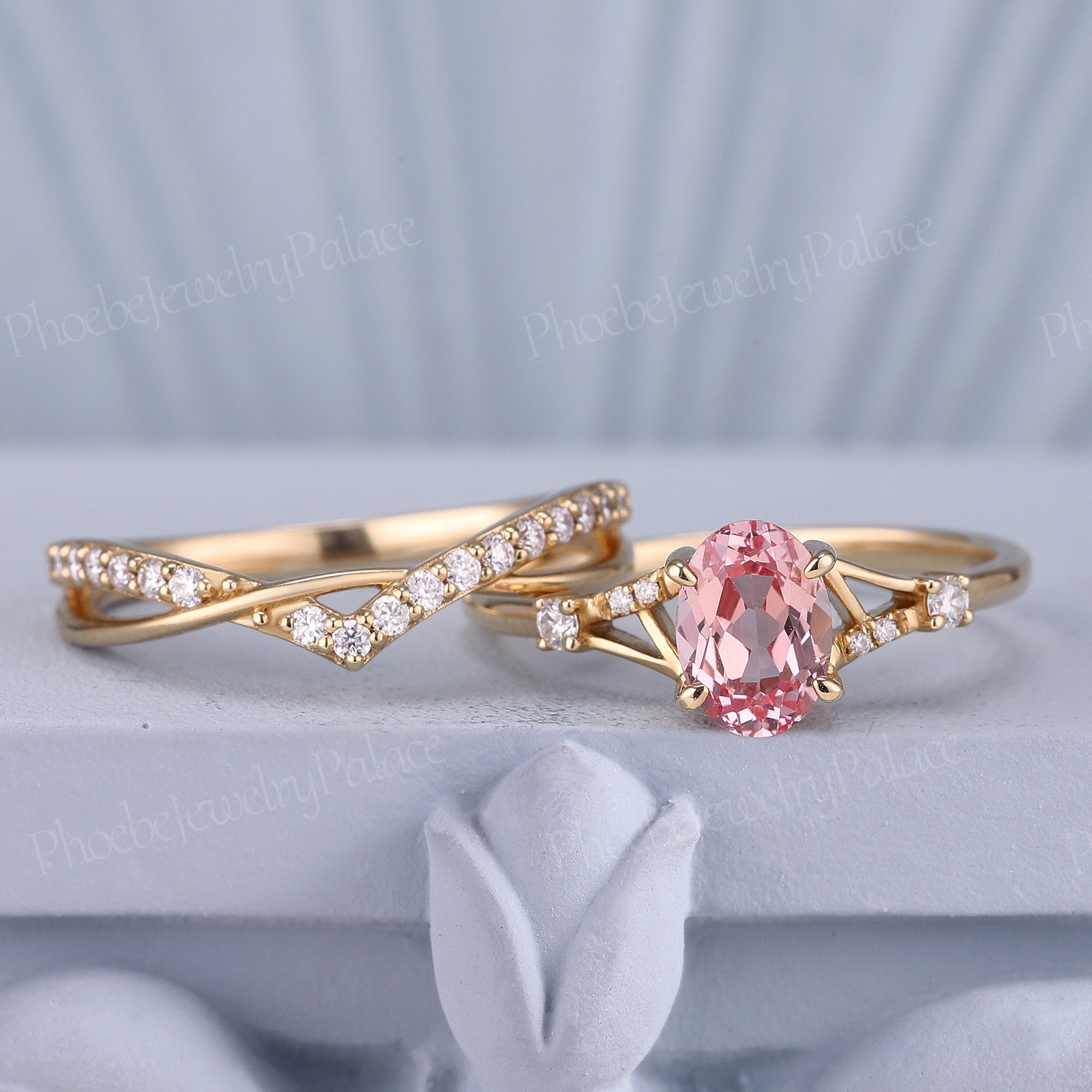 Art Deco Pink Sapphire Engagement Ring Set Pinky Wedding Ring Set for ...