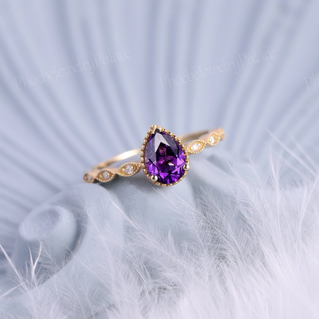 Dainty Amethyst Engagement Ring Women Vintage Elegant Pear Amethyst ...