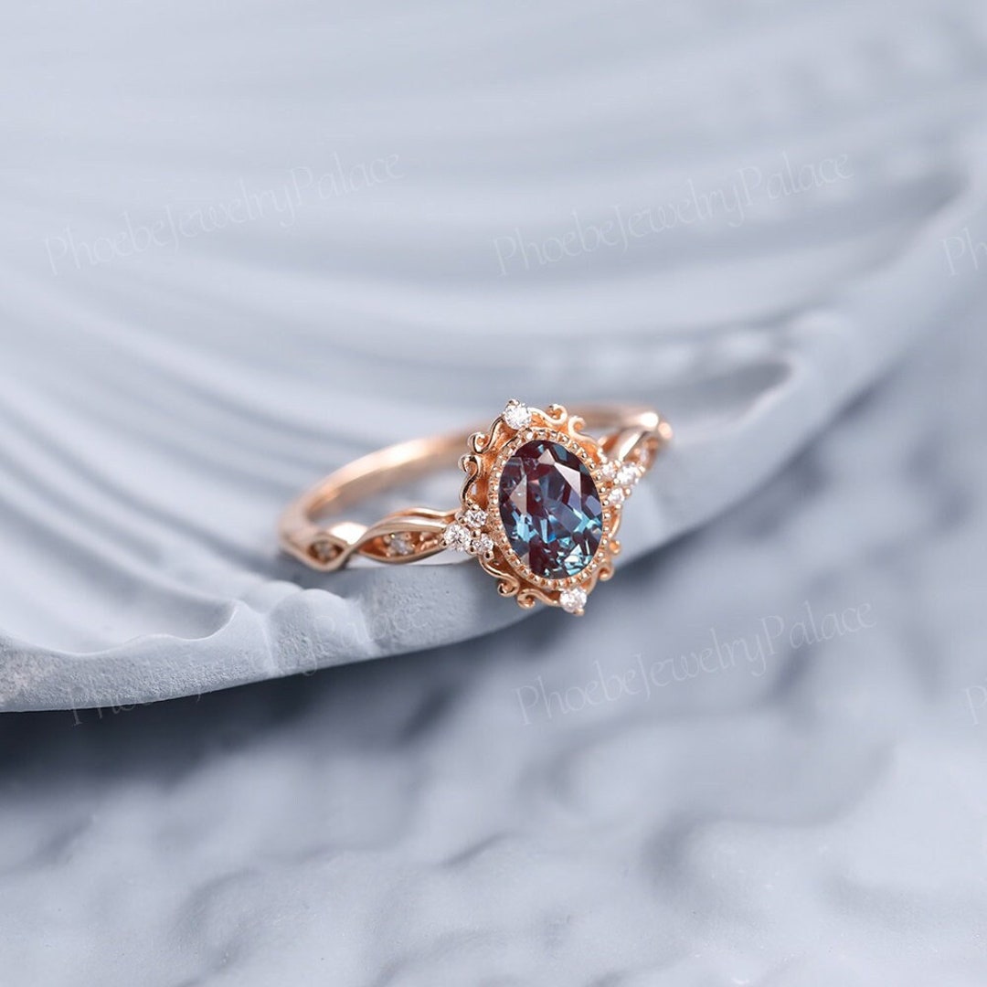Oval Cut Alexandrite Engagement Ring Vintage Filigree Rose Gold Wedding ...