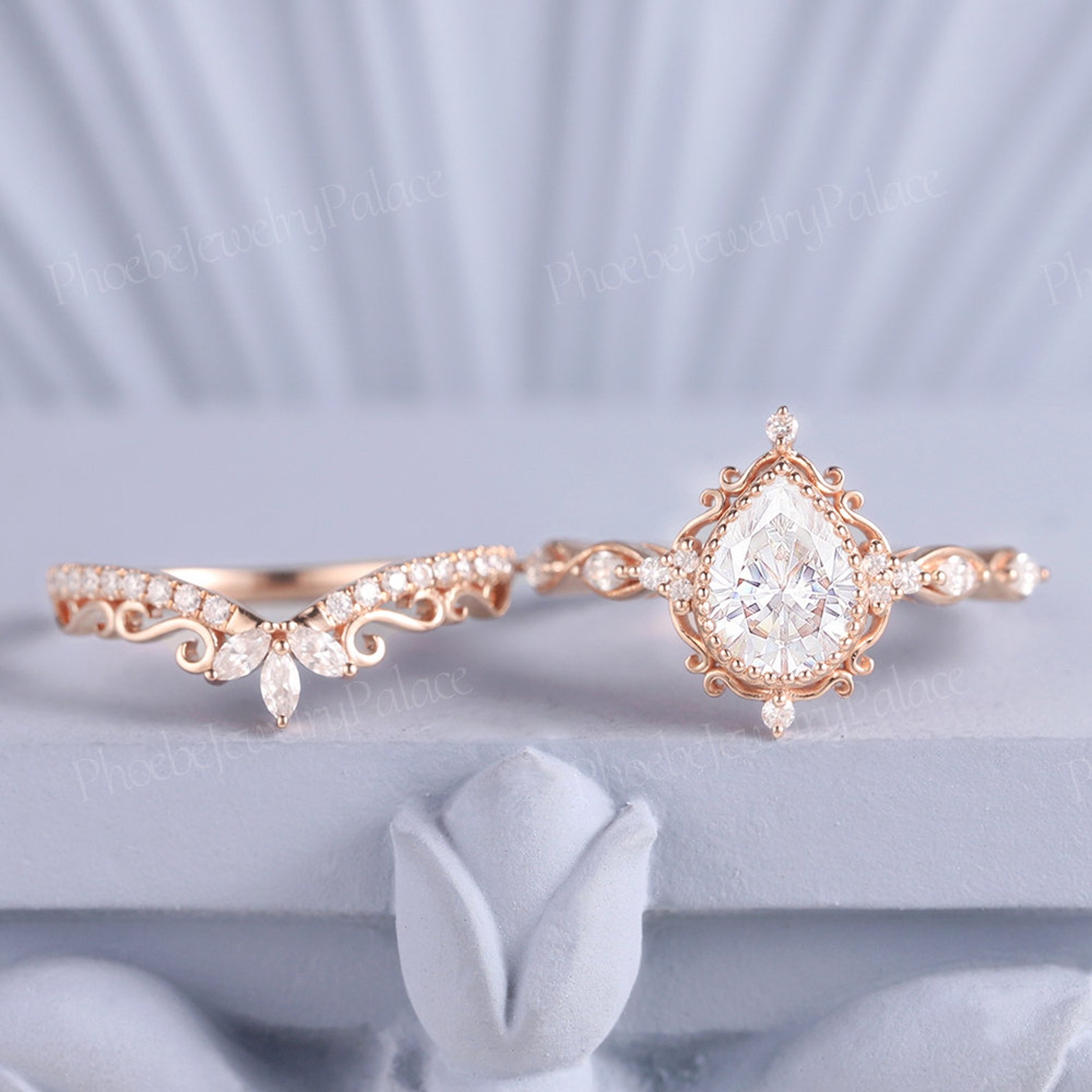 Unique Pear Cut Moissanite Engagement Ring Set Women Dainty Solid Gold ...