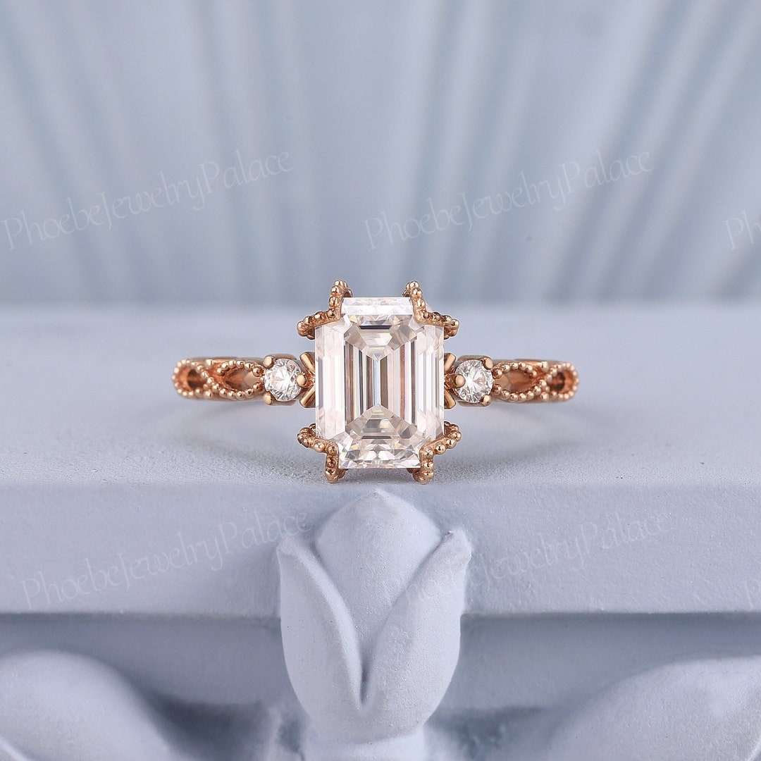 Vintage 2ct Moissanite Engagement Ring Unique Rose Gold Emerald Cut ...
