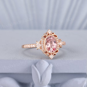 Vintage Peach Pink Sapphire Engagement Ring Oval Wedding Rings for ...