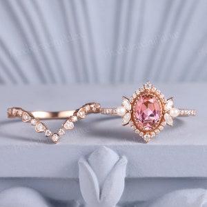 Unique Pink Sapphire Engagement Ring Set Vintage Pink Wedding Ring Set ...