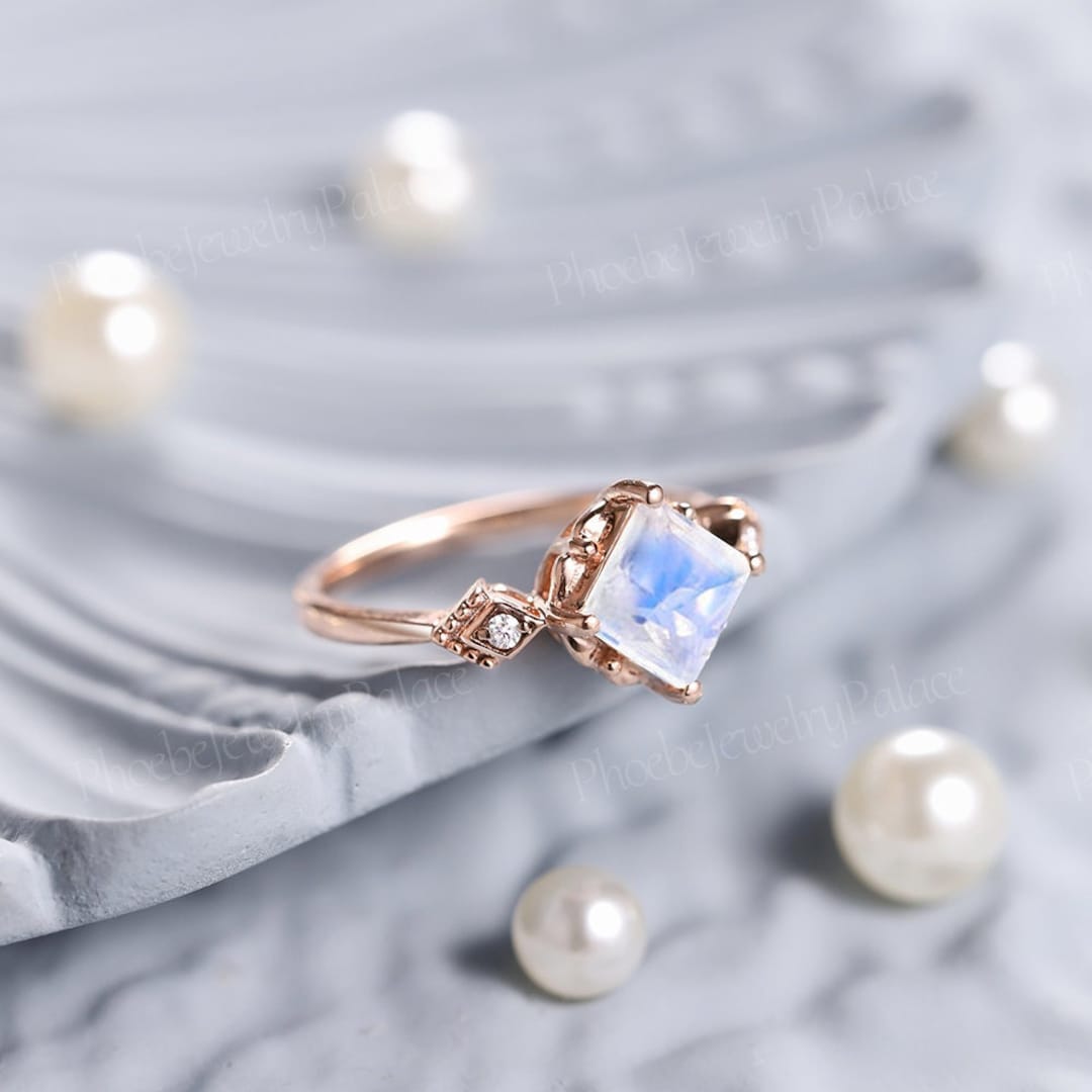 Vintage Moonstone Engagement Ring Princess Cut Moonstone Wedding Ring ...