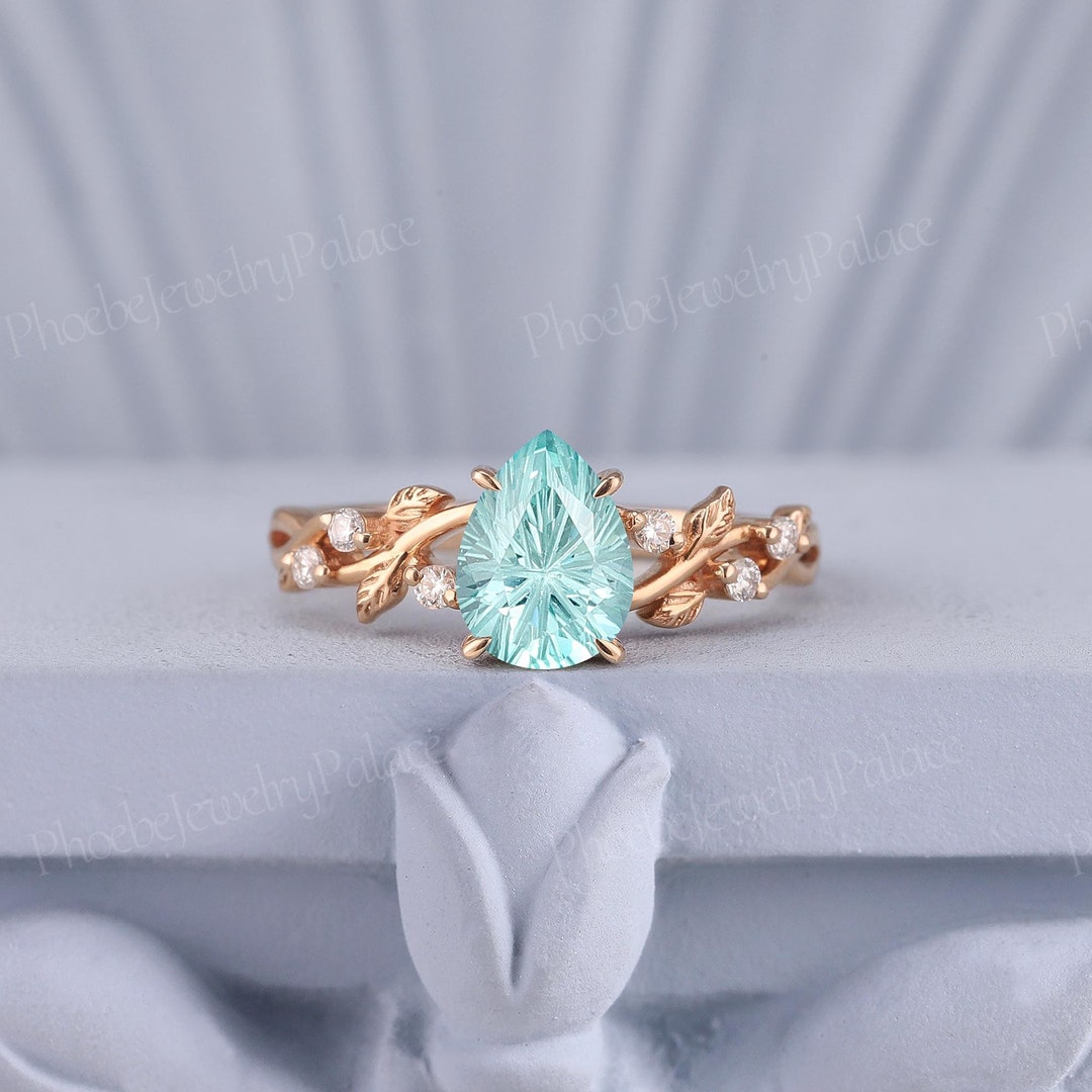 Art Deco Mint Green Sapphire Engagement Ring Gold Unique Star Cut Leaf ...