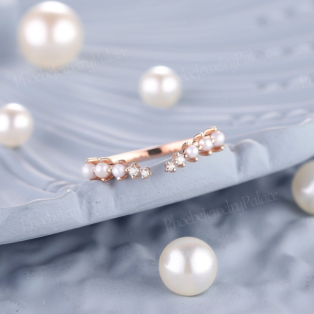 Unique Pearl Curved Wedding Band Solid Gold Natural Freshwater Pearl ...