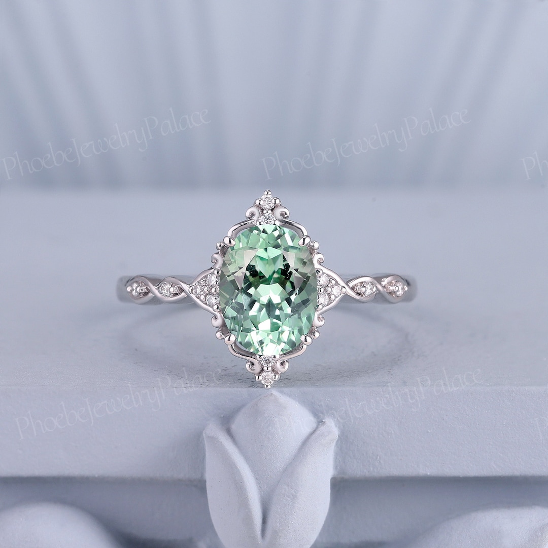 Vintage Mint Green Sapphire Engagement Ring Art Deco White Gold Diamond ...