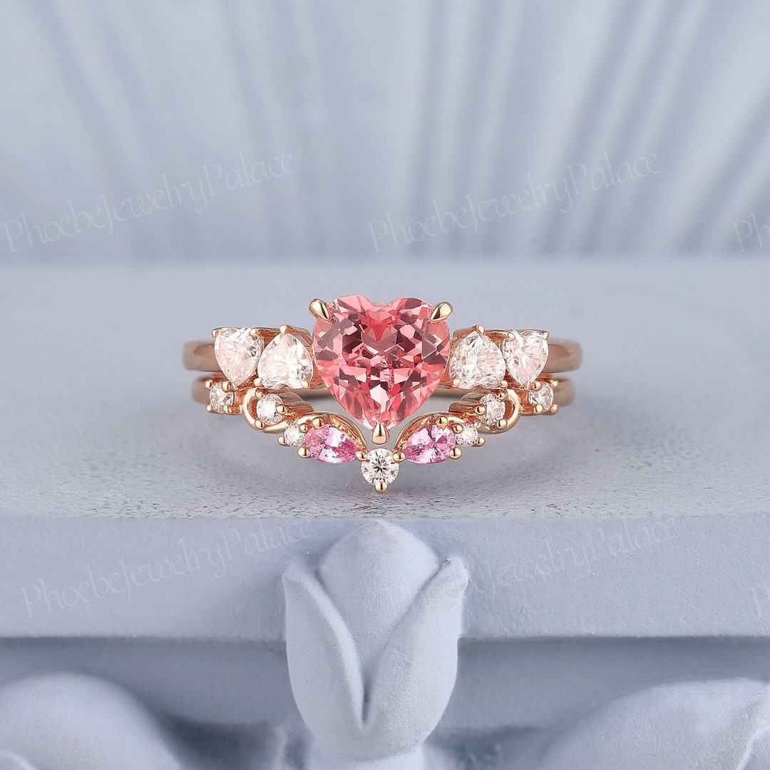 Art Deco Heart Cut Peach Pink Sapphire Engagement Ring Set Rose Gold ...