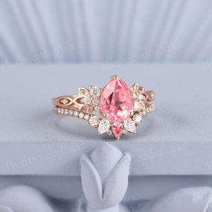 Unique Peach Pink Sapphire Engagement Ring Set Vintage Pear Wedding ...