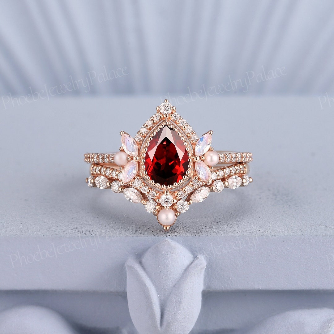 Unique Ruby Pearl Engagement Ring Set Delicate Pear Wedding Rings Women ...