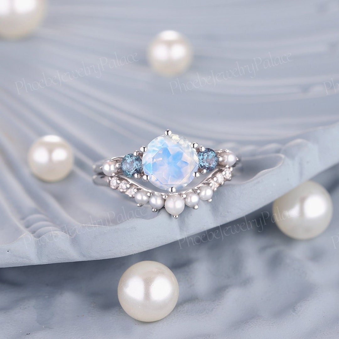 Vintage Moonstone&pearls Engagement Ring Set Unique Rainbow Moonstone ...