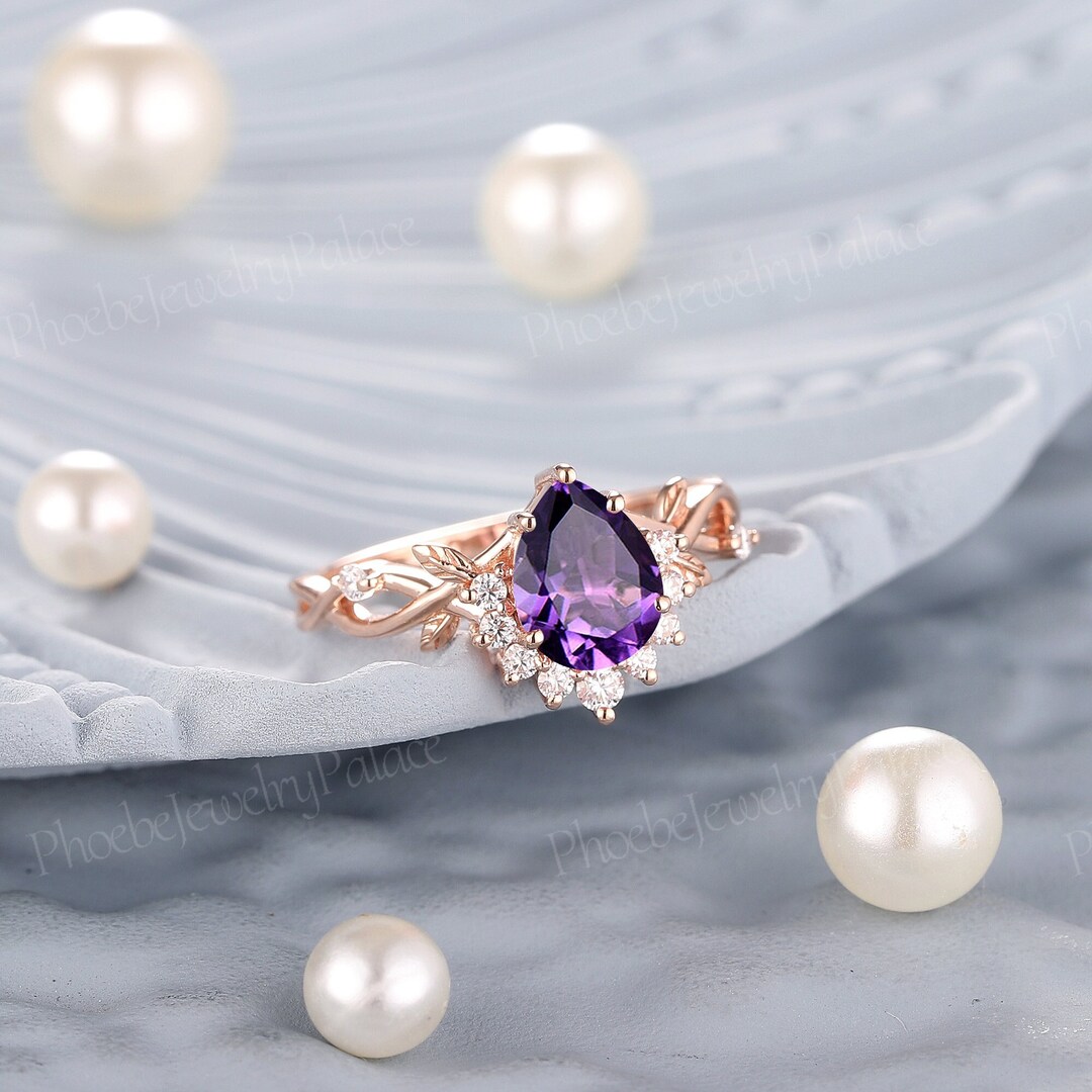 Unique Purple Amethyst Engagement Ring Delicate Half Halo Moissanite ...