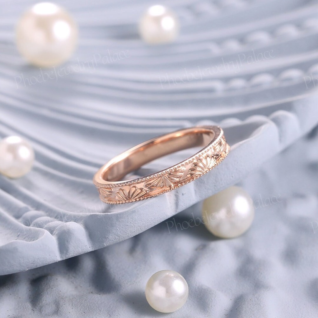 Art Deco Sunflower Pattern Engrave Wedding Ring Solid Gold Rings for ...