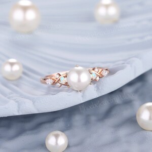 Art Deco Akoya Pearl&opal Engagement Ring Vintage Solid Gold Diamond ...