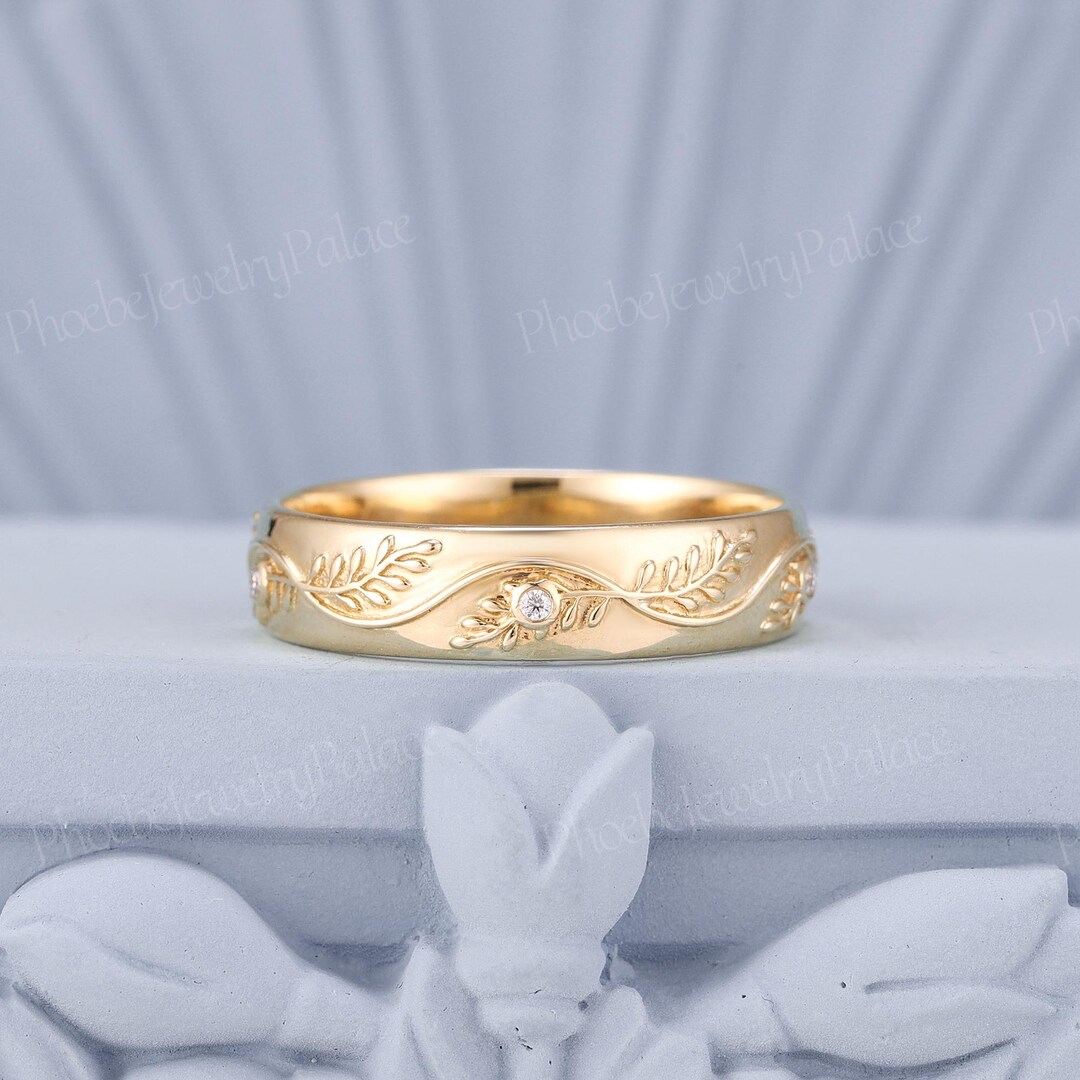 5mm Mens Wedding Band Leaf Pattern Ring Moissanite Ring for Him ...