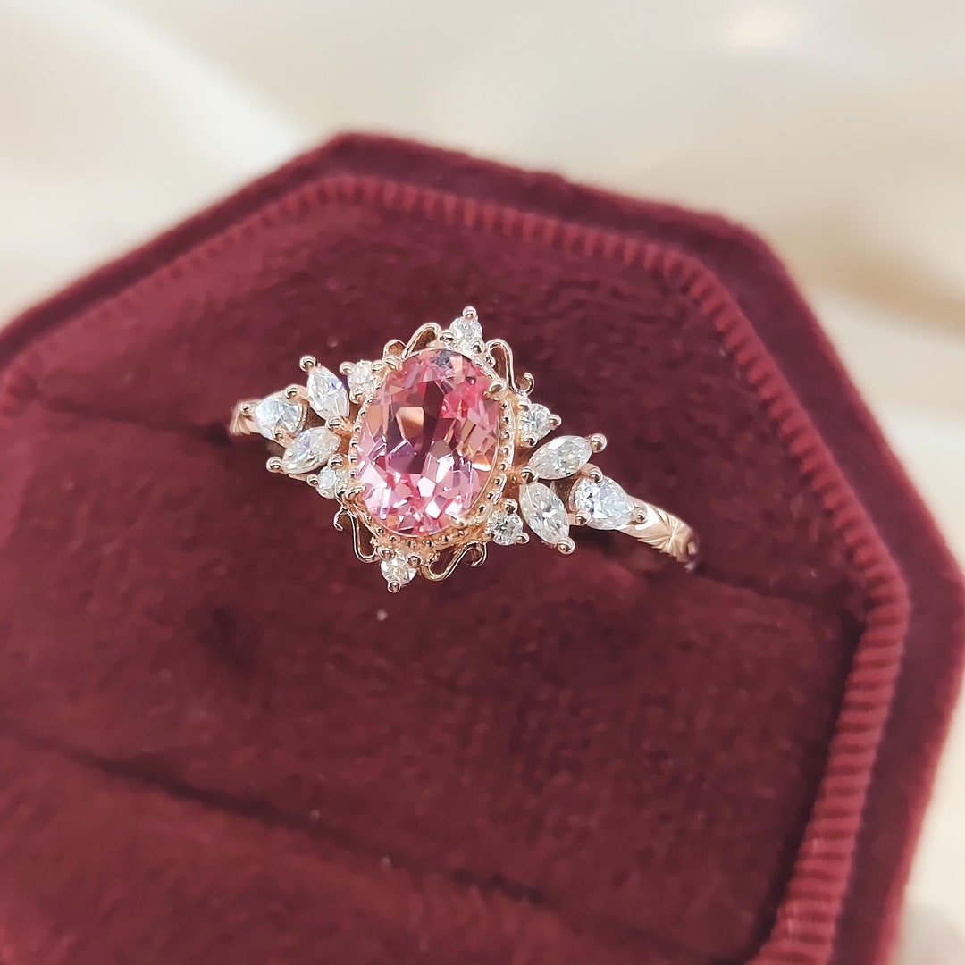 Vintage Pink Sapphire Engagement Ring Rose Gold Unique Oval Wedding ...