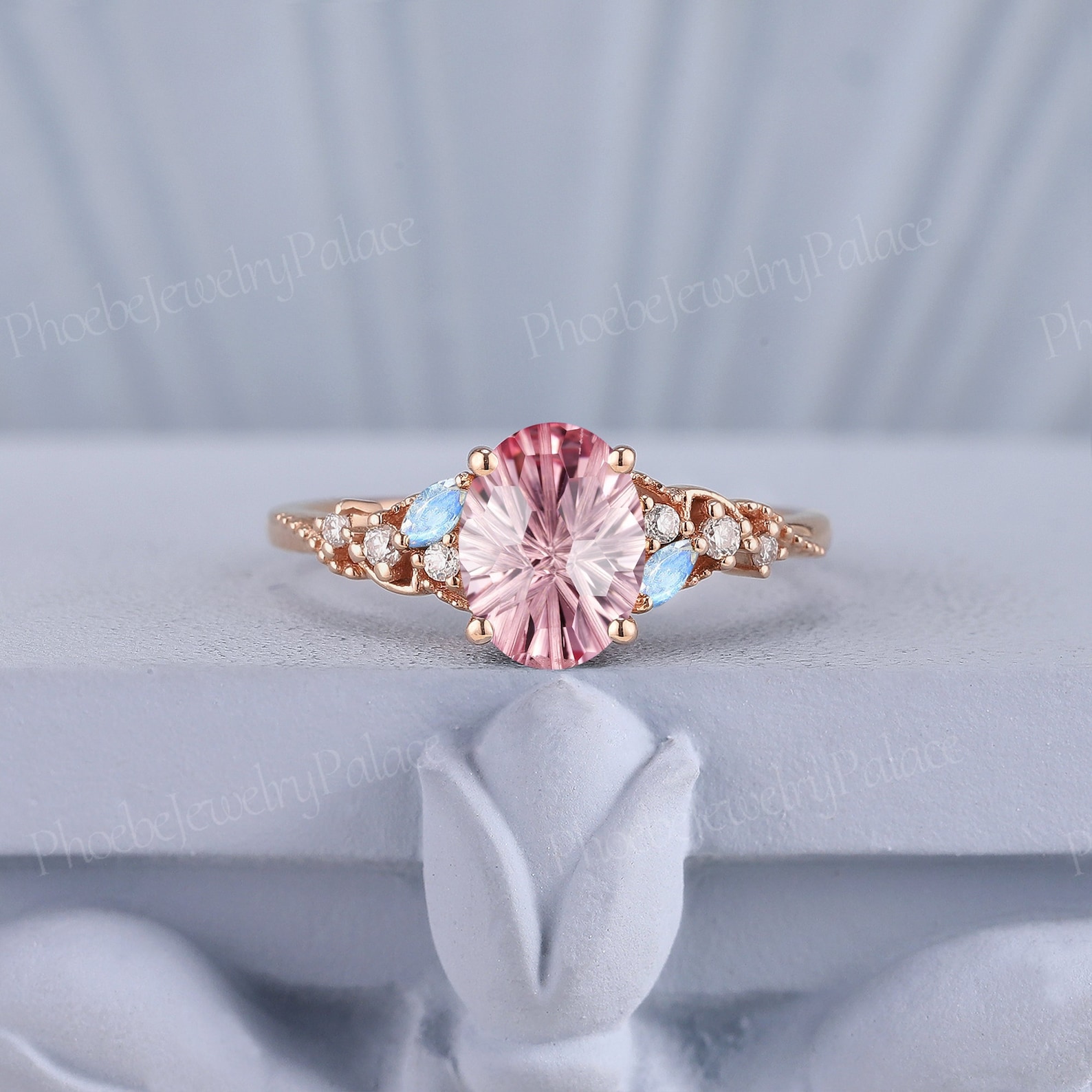 Unique Star Cut Faceting Peach Pink Sapphire Engagement Ring Moonstone ...