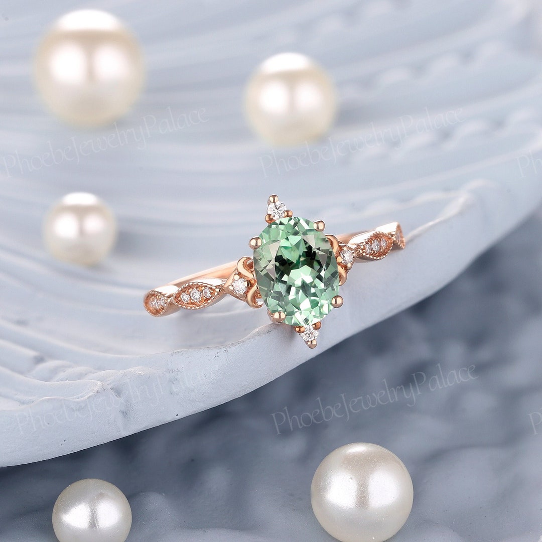 Vintage Green Sapphire Engagement Ring Oval Sapphire Diamond Wedding ...
