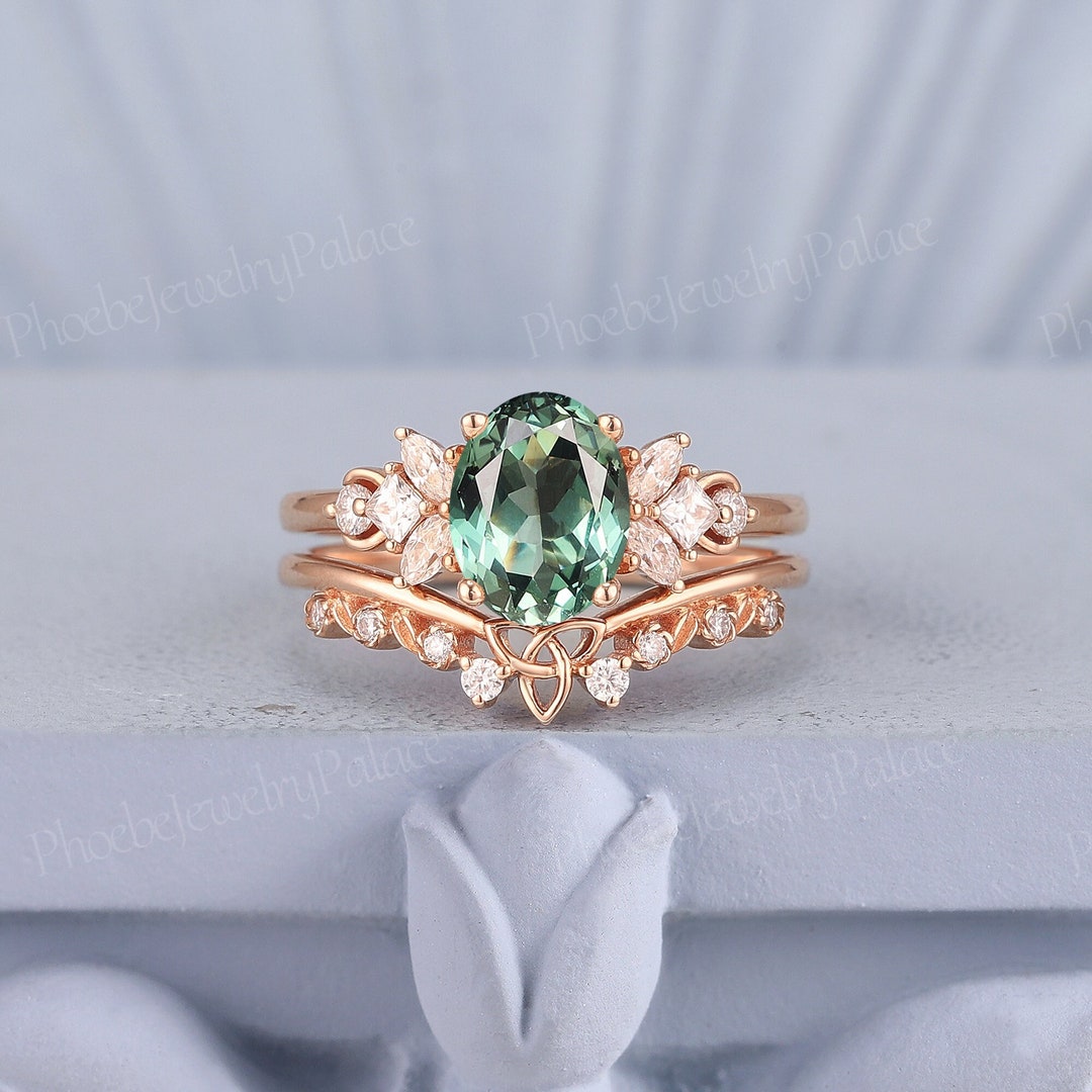 Unique Olive Green Sapphire Engagement Ring Set Oval Vintage Moissanite ...