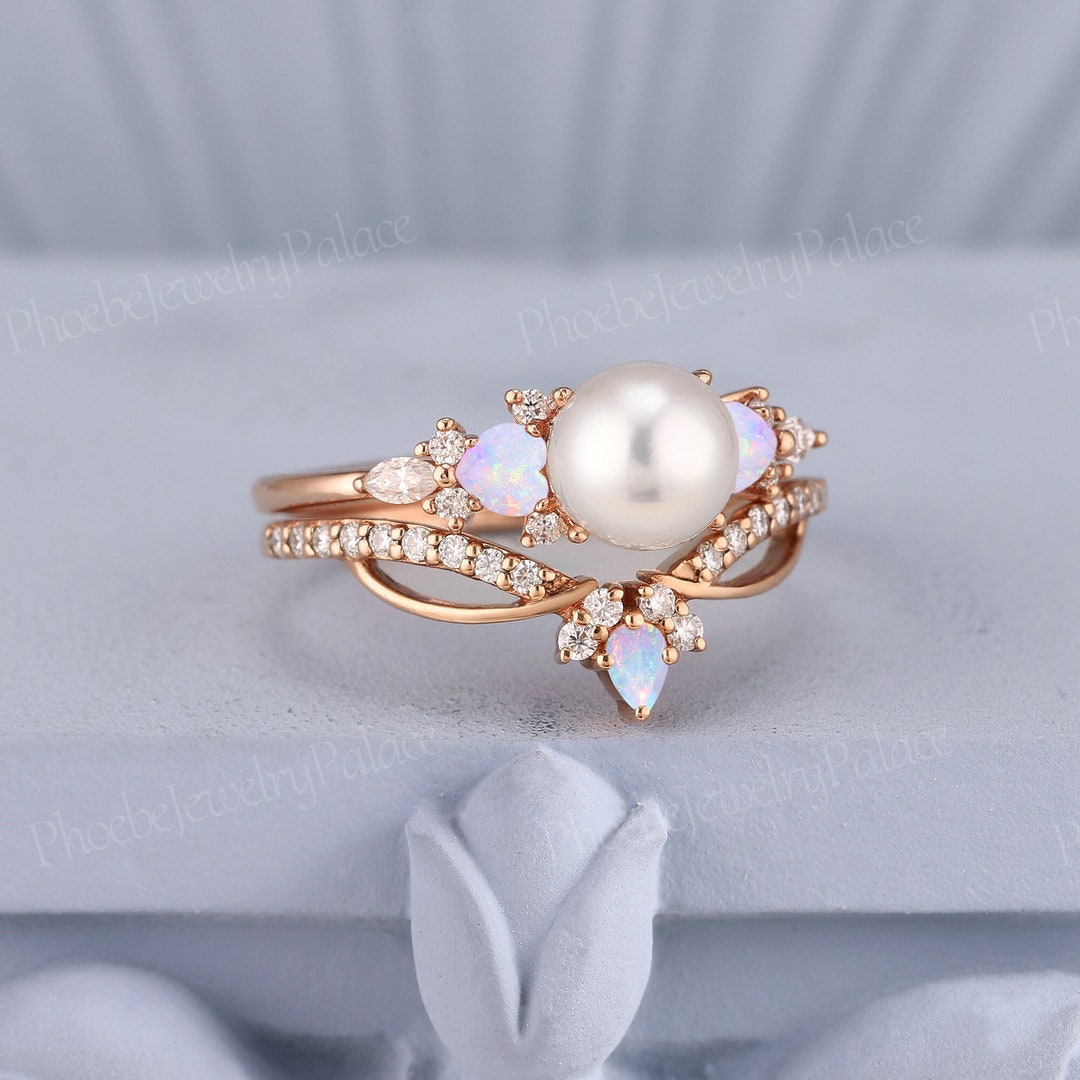 Vintage Akoya Pearl Engagement Ring Set Unique Heart Opal Diamond ...