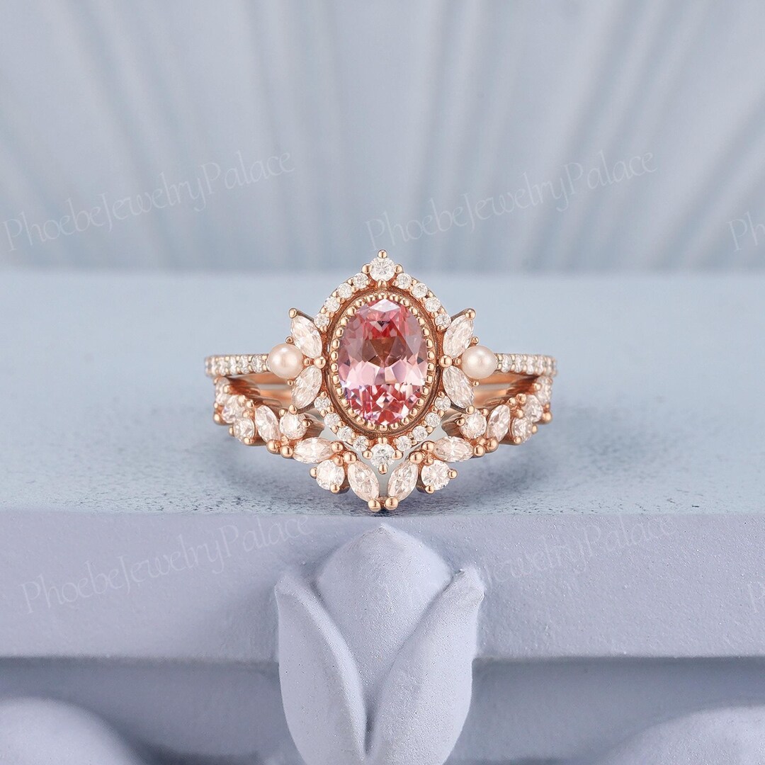Vintage Pink Sapphire Engagement Ring Set Unique Pinky Wedding Rings ...