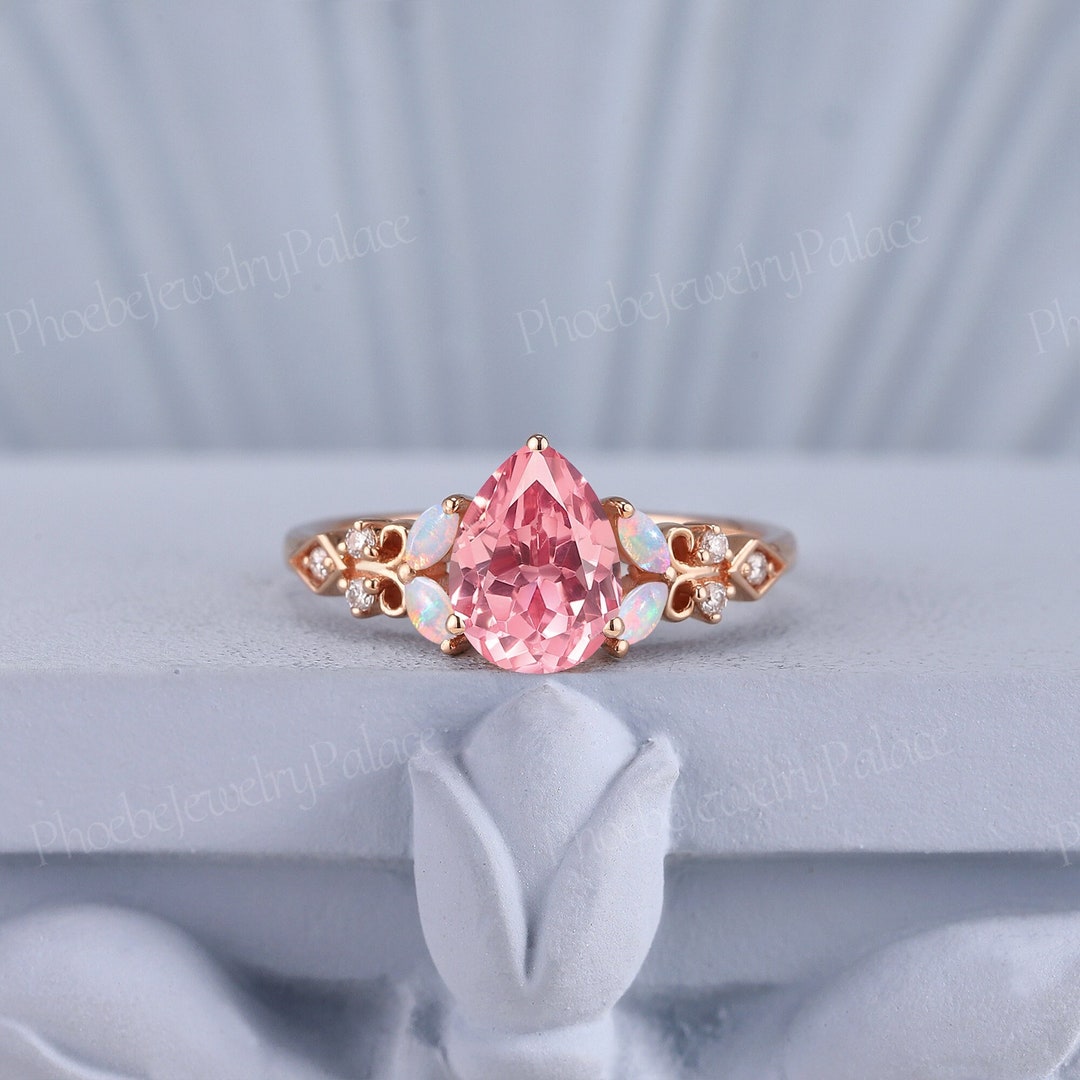 Vintage Pinky Sapphire Engagement Ring Delicate Opal Diamond Cluster ...