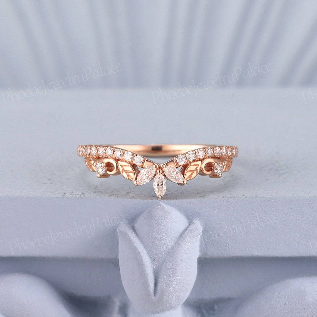 Unique Curved Wedding Band Rose Gold Art Deco Leaf Wedding Band Vine ...