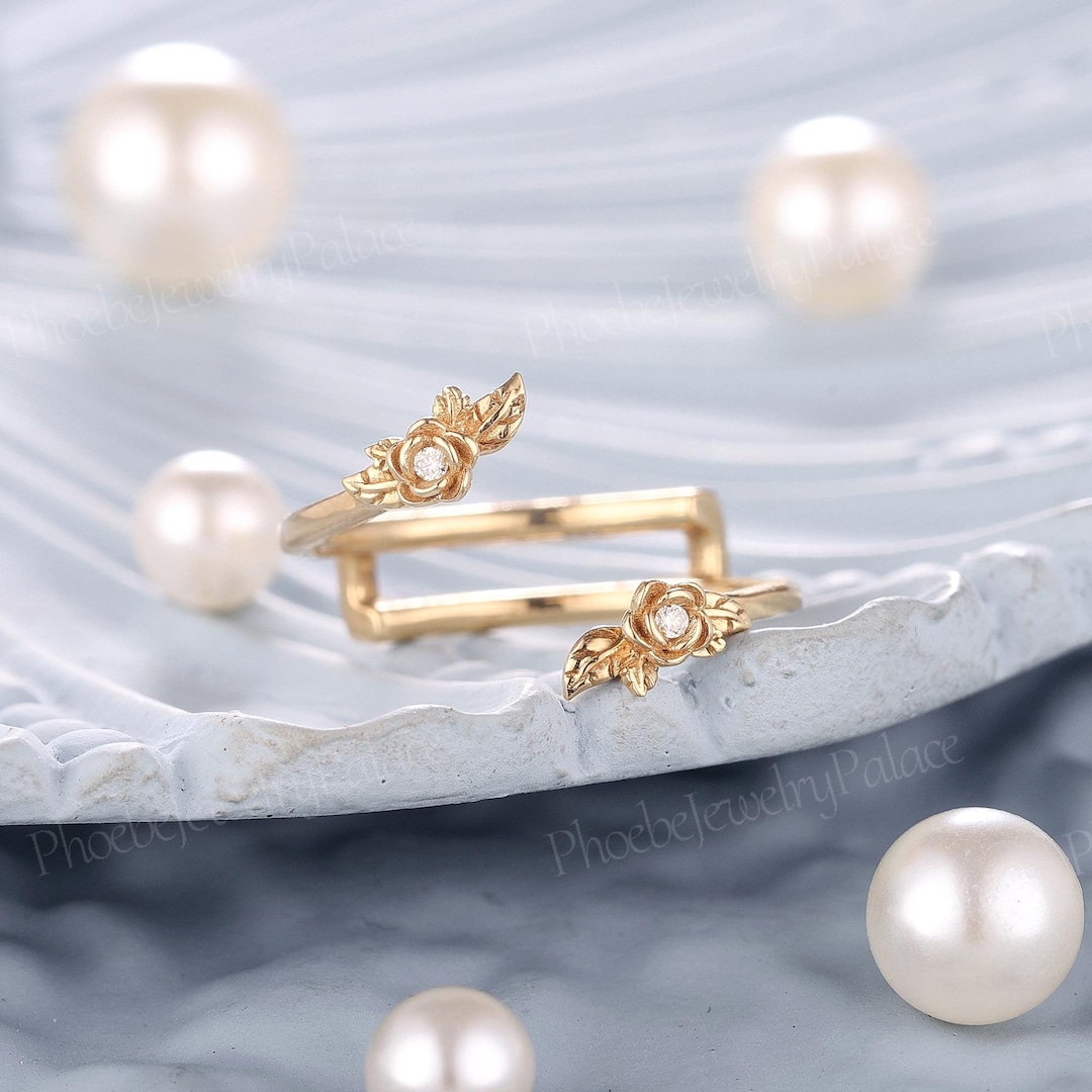 Nature Inspired Curved Wedding Band Rose Unique Double Wedding Rings ...