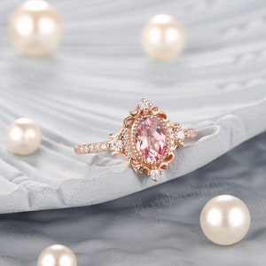Vintage Peach Pink Sapphire Engagement Ring Oval Wedding Rings for ...
