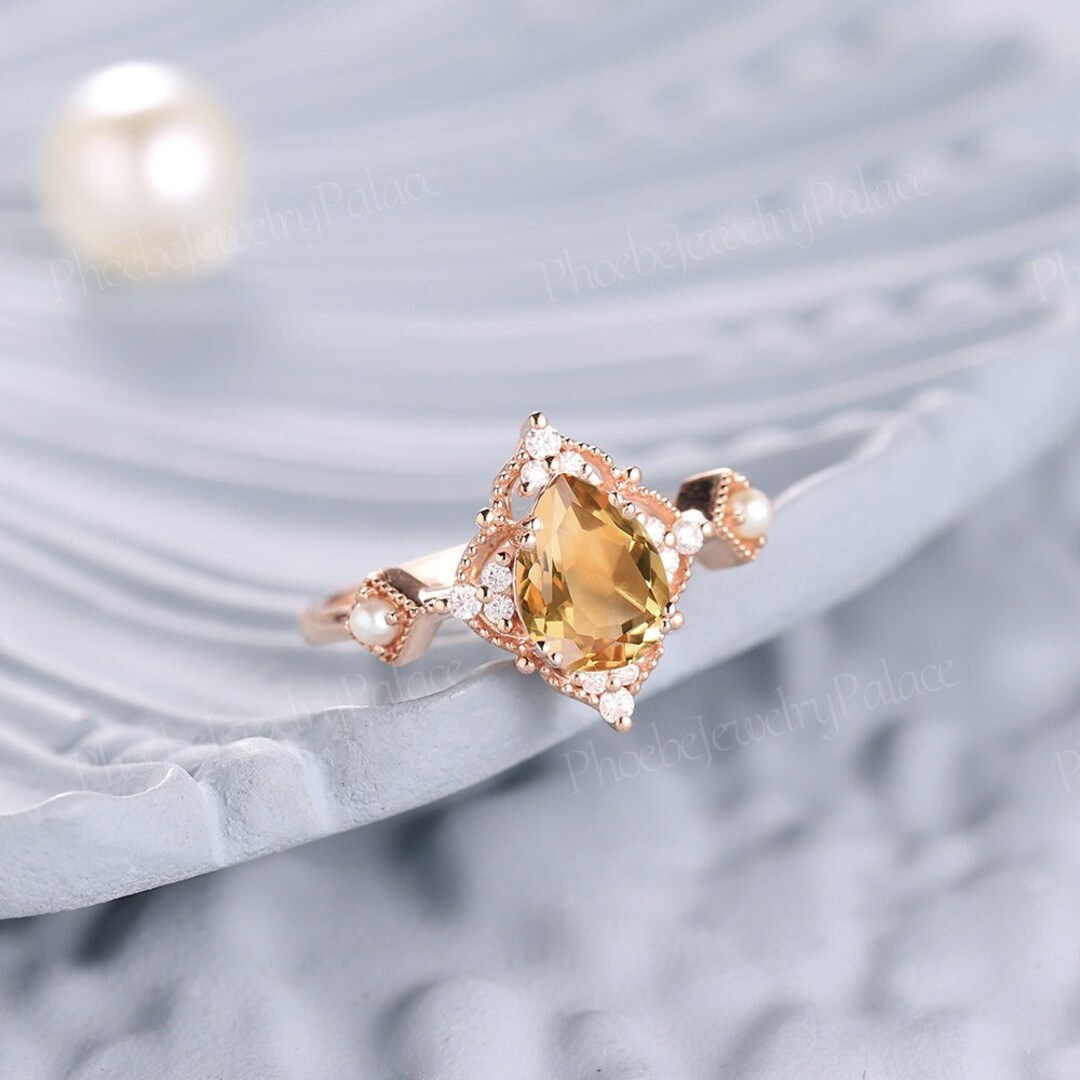 Vintage Citrine Engagement Ring Pear Cut Citrine Power Ring Unique ...