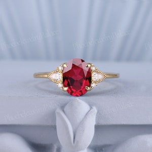 Unique Oval Ruby Engagement Ring Vintage Minimalism Wedding Ring Solid ...