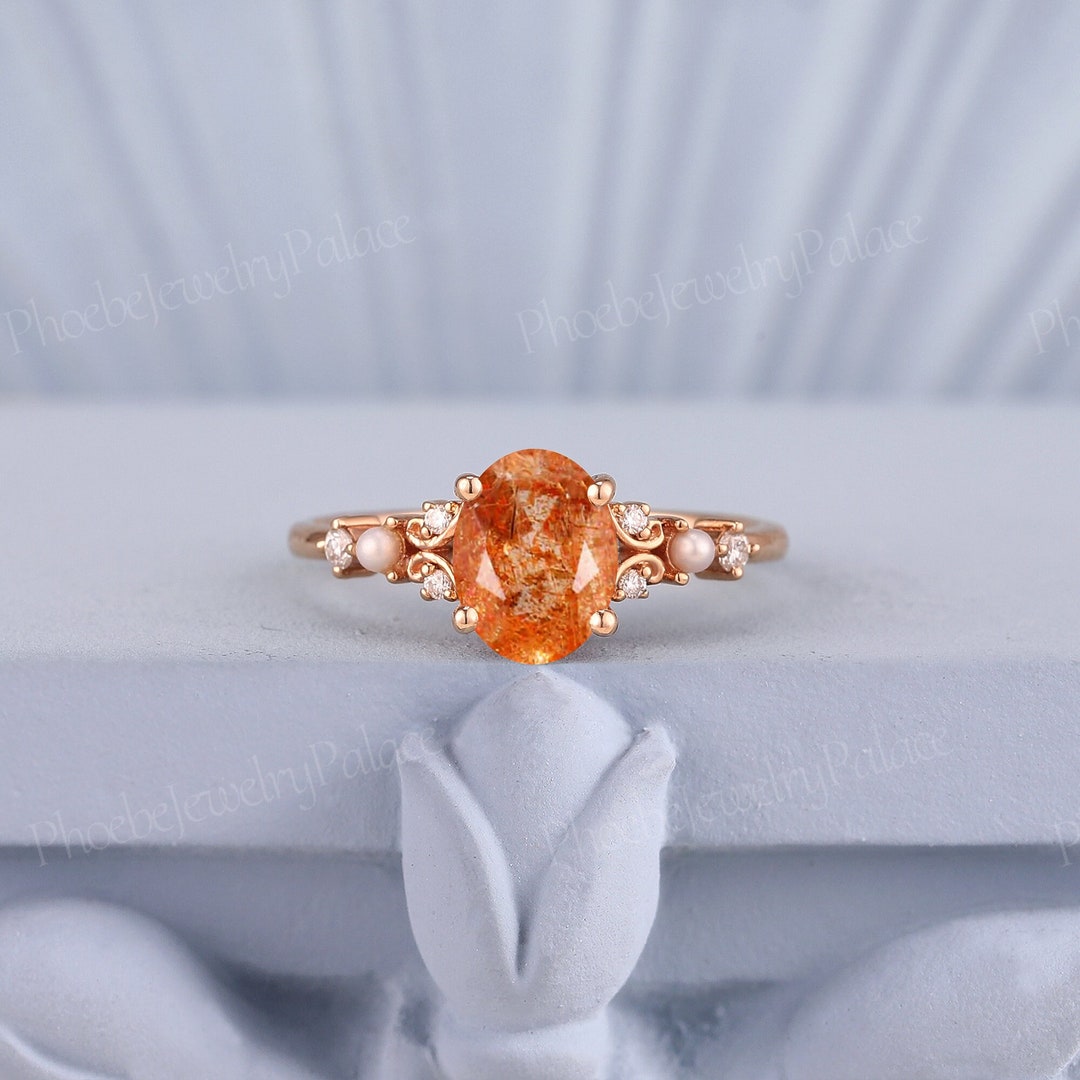 Unique Oval Sunstone Engagement Ring Orange Moissanite Ring Art Deco ...