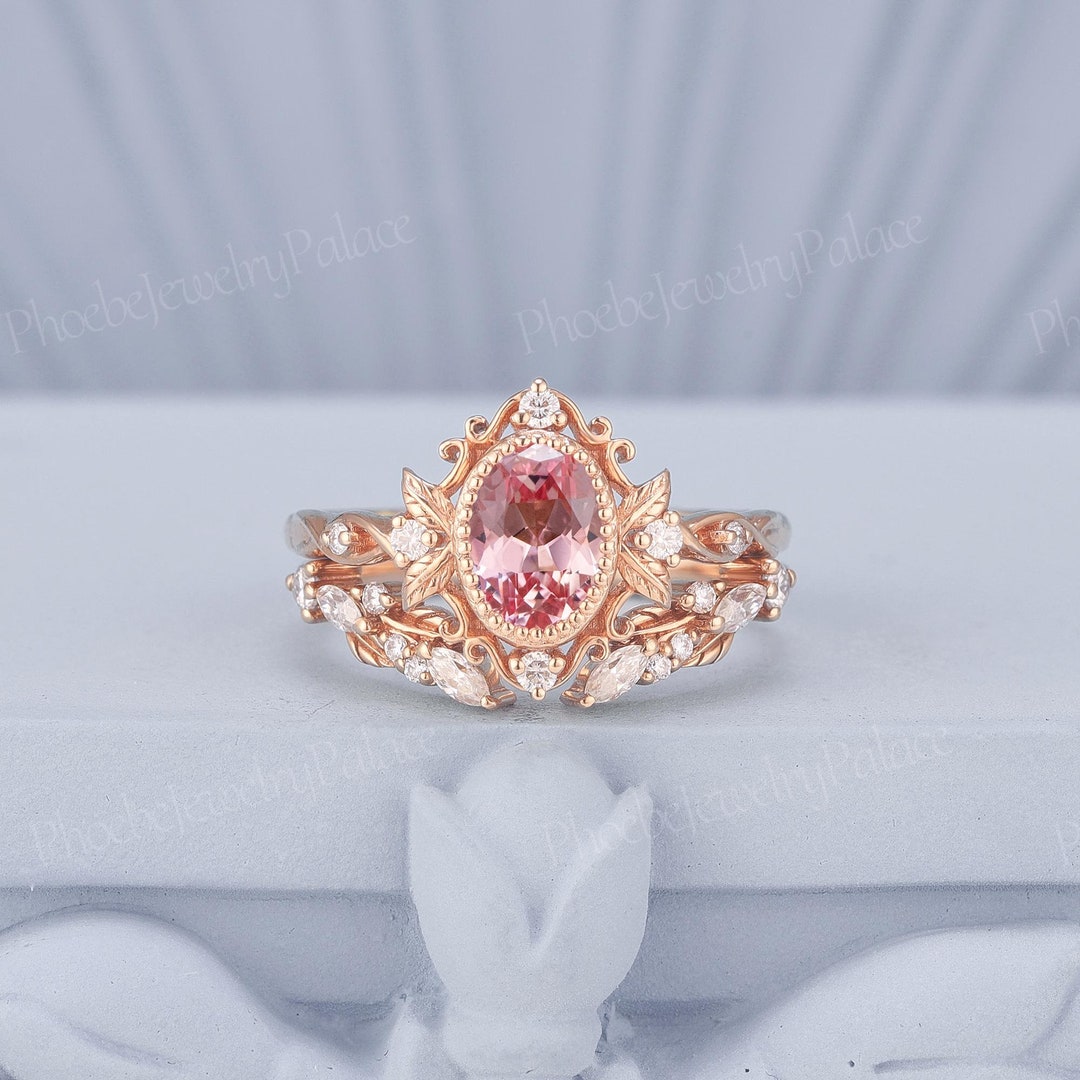 Vintage Pink Sapphire Engagement Ring Set Natural Inspired Leaf Wedding ...