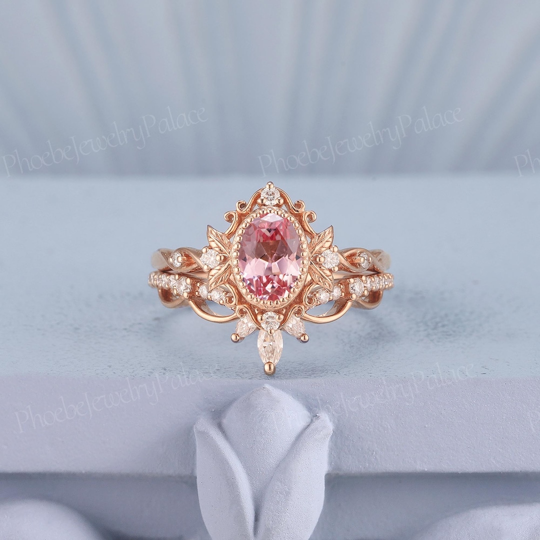 Vintage Pink Sapphire Engagement Ring Set Natural Inspired Leaf Wedding ...