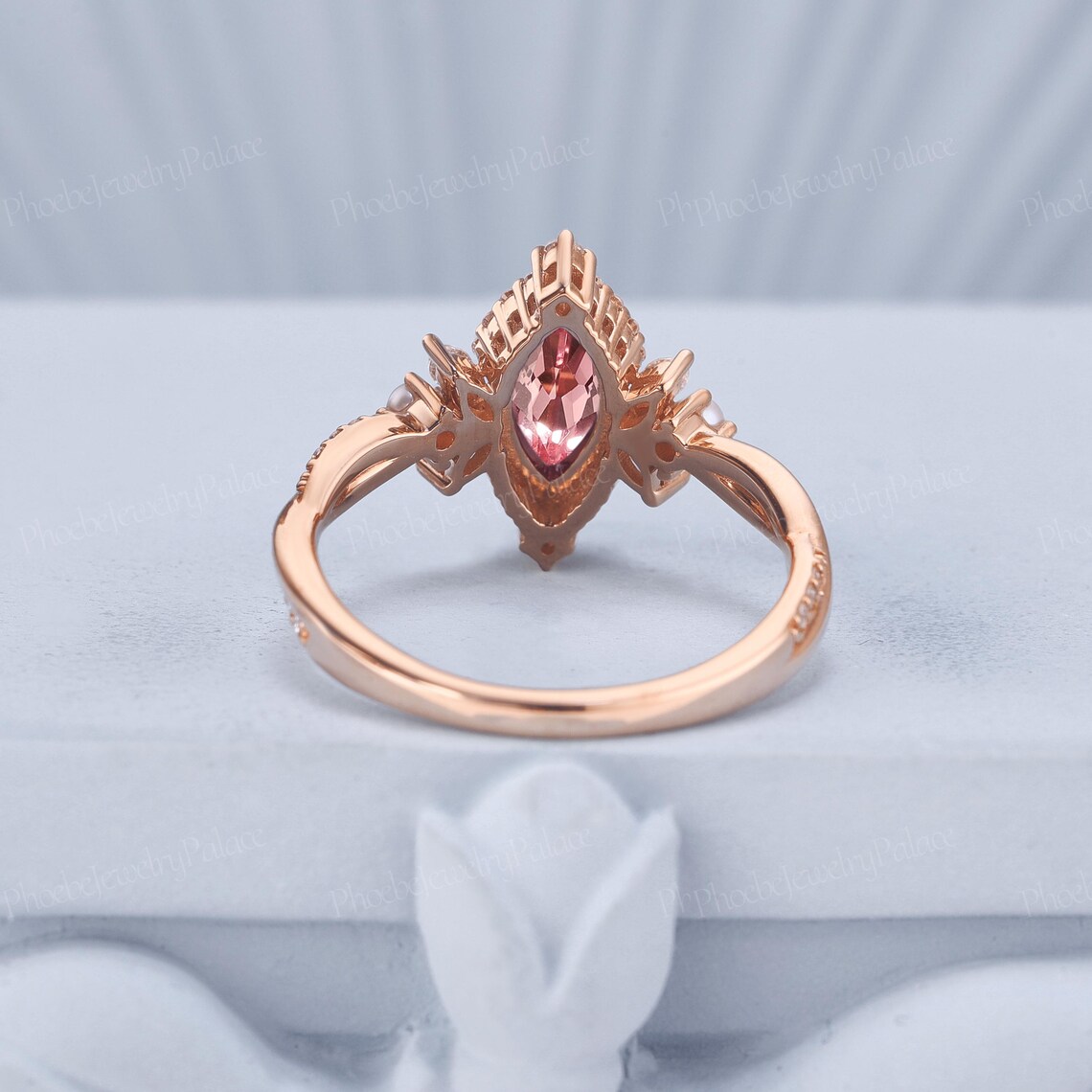 Vintage Pink Sapphire Engagement Ring Delicate Halo Moissanite Pearl ...