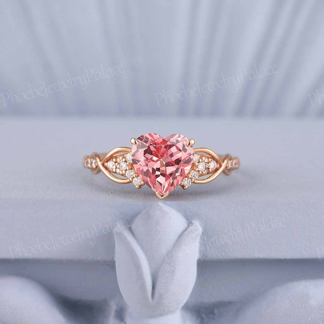 Unique Peach Pink Sapphire Engagement Ring 14K Gold Heart Love Rings ...