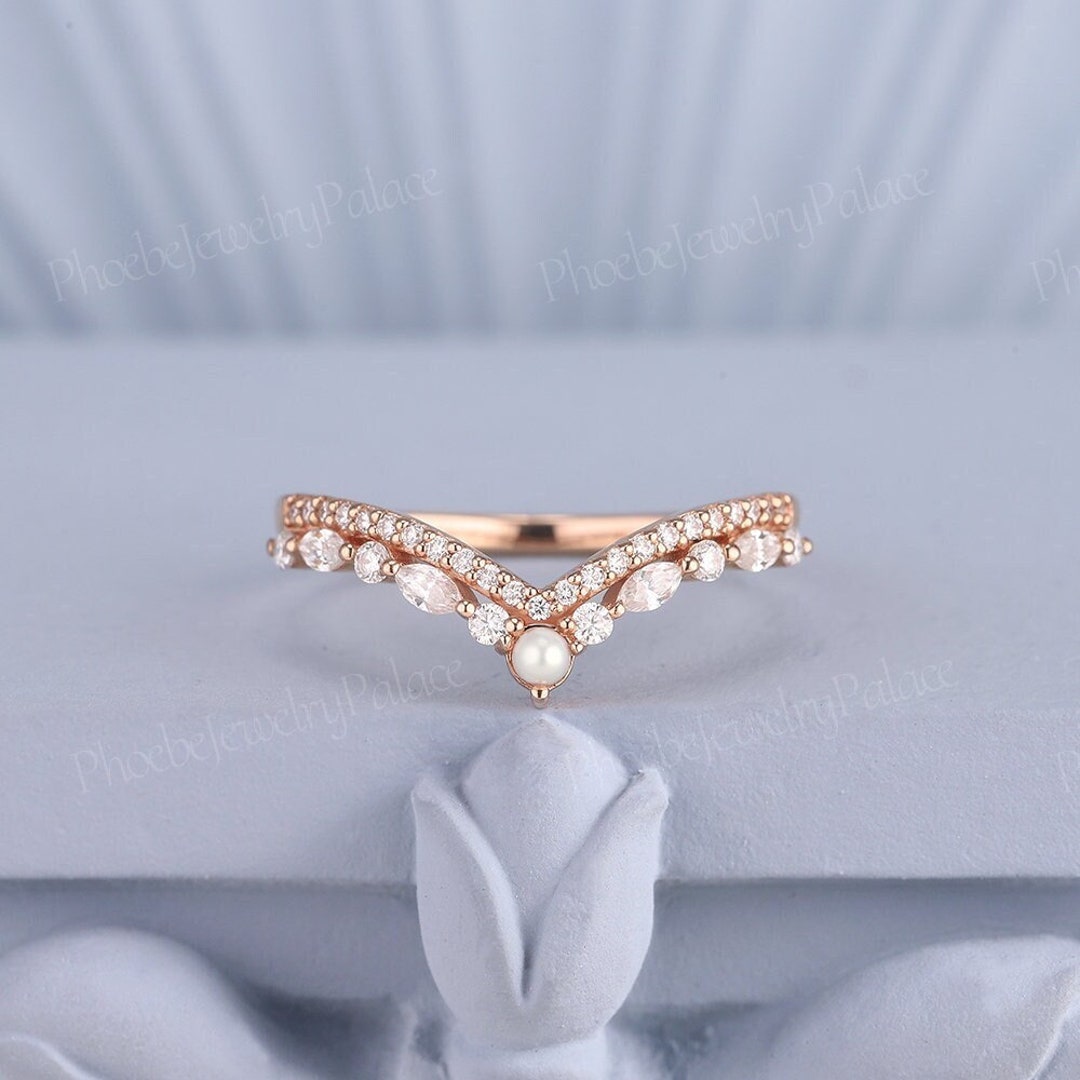 Unique Pearl Moissanite Curved Wedding Band Solid Gold Pearl Wedding ...