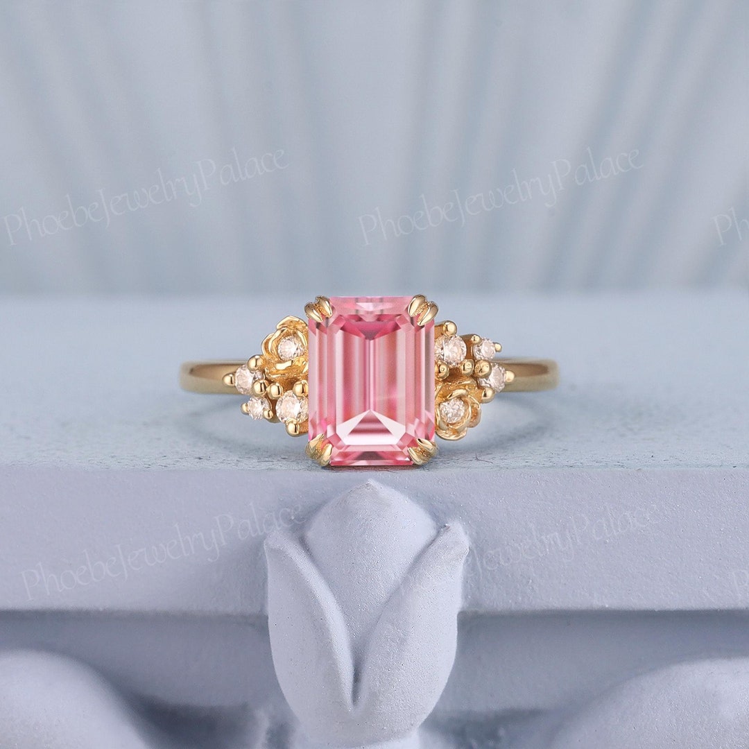 Vintage Emerald Cut Pink Sapphire Engagement Ring Unique Wedding Rings ...