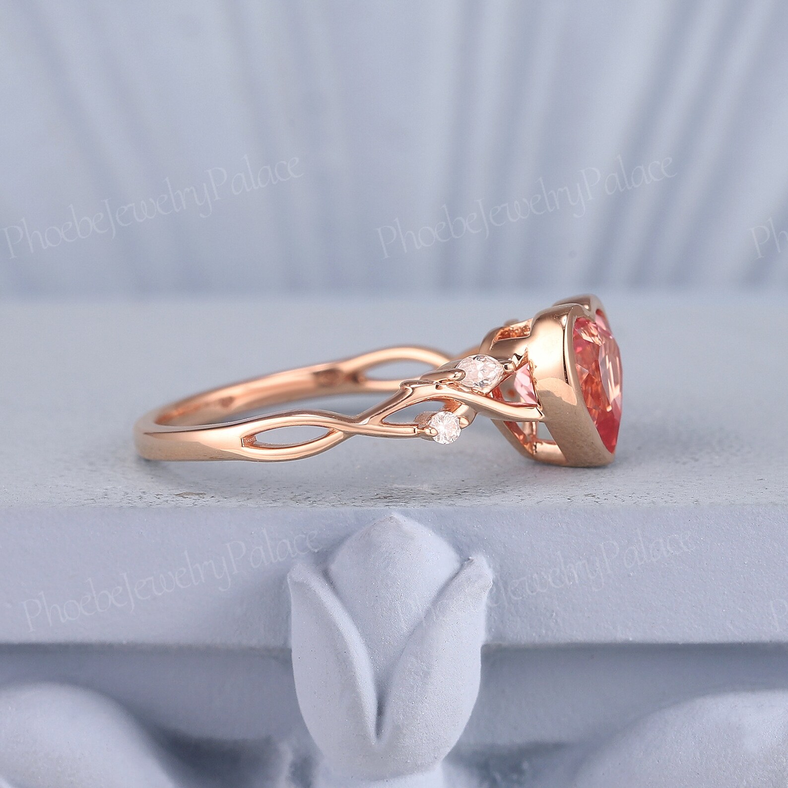 Unique Heart Cut Peach Pink Sapphire Engagement Ring Bezel Rings ...