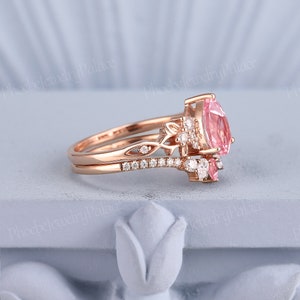 Unique Peach Pink Sapphire Engagement Ring Set Vintage Pear Wedding ...