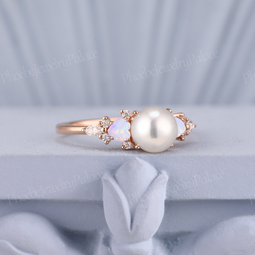 Natural Akoya Pearl Engagement Ring Art Deco Heart Opal Moissanite Pave ...