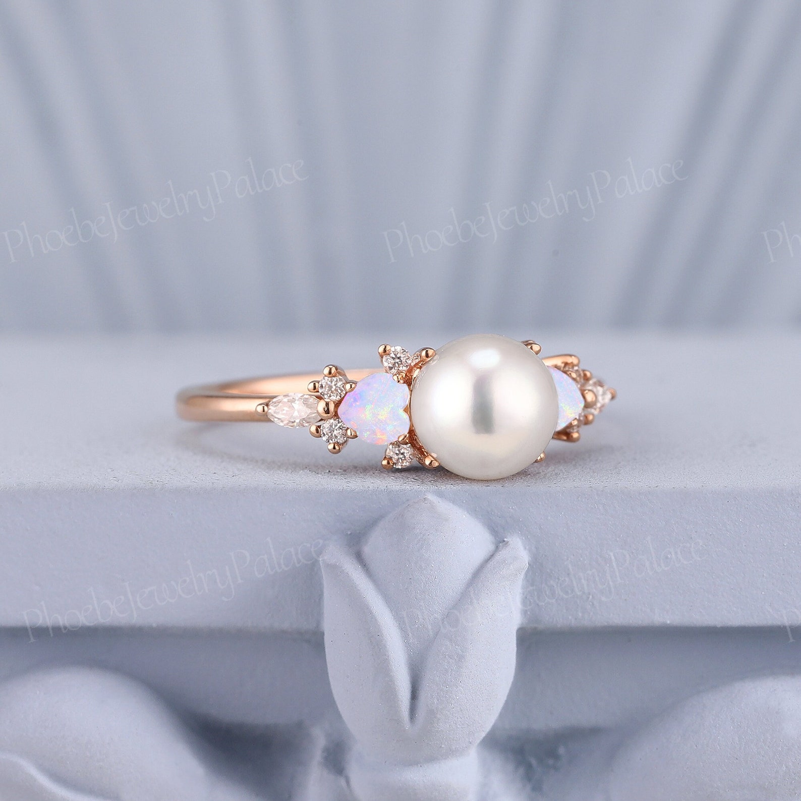 Natural Akoya Pearl Engagement Ring Art Deco Heart Opal Moissanite Pave ...