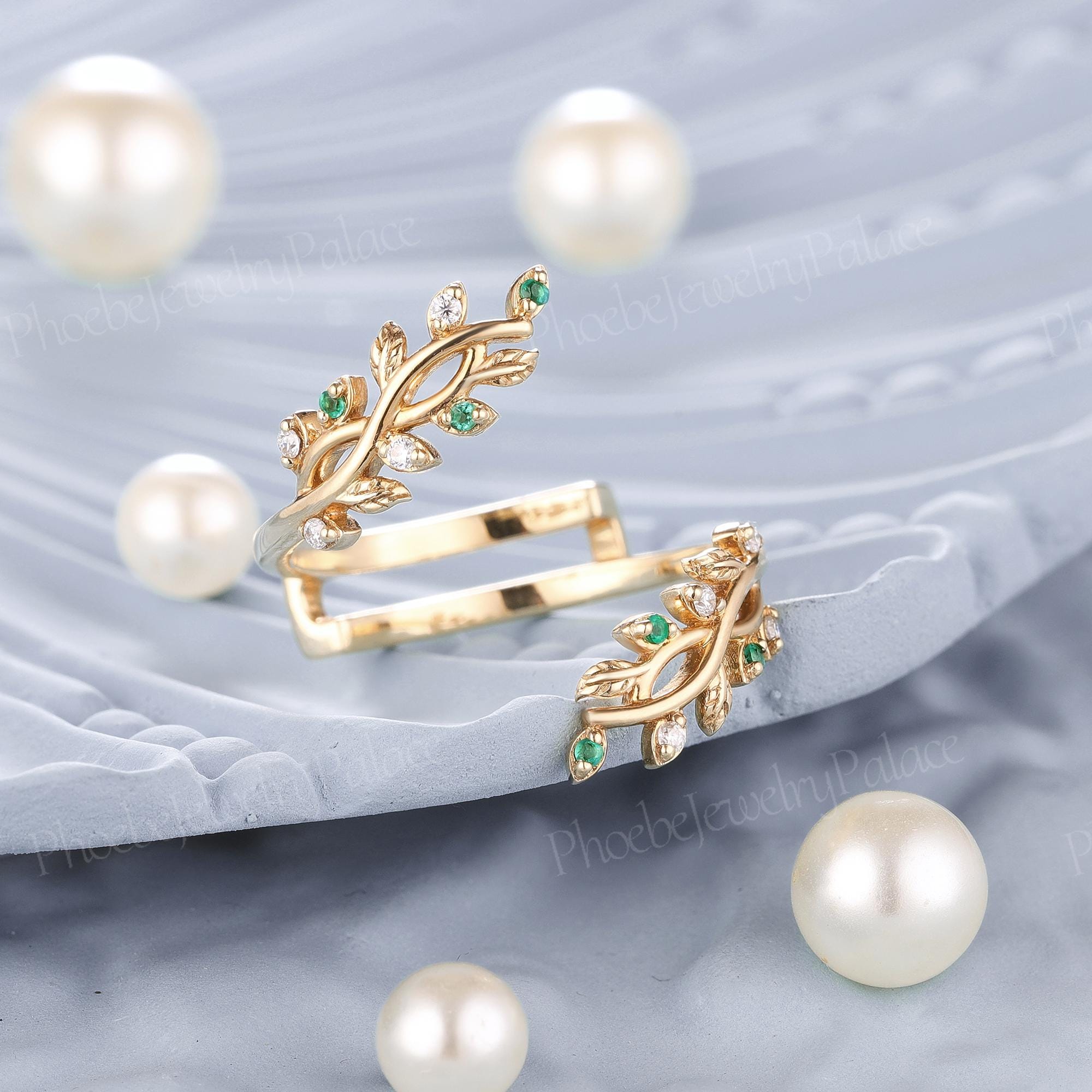 Nature Inspired Leaf Curved Wedding Band Unique Emerald Double Wedding ...