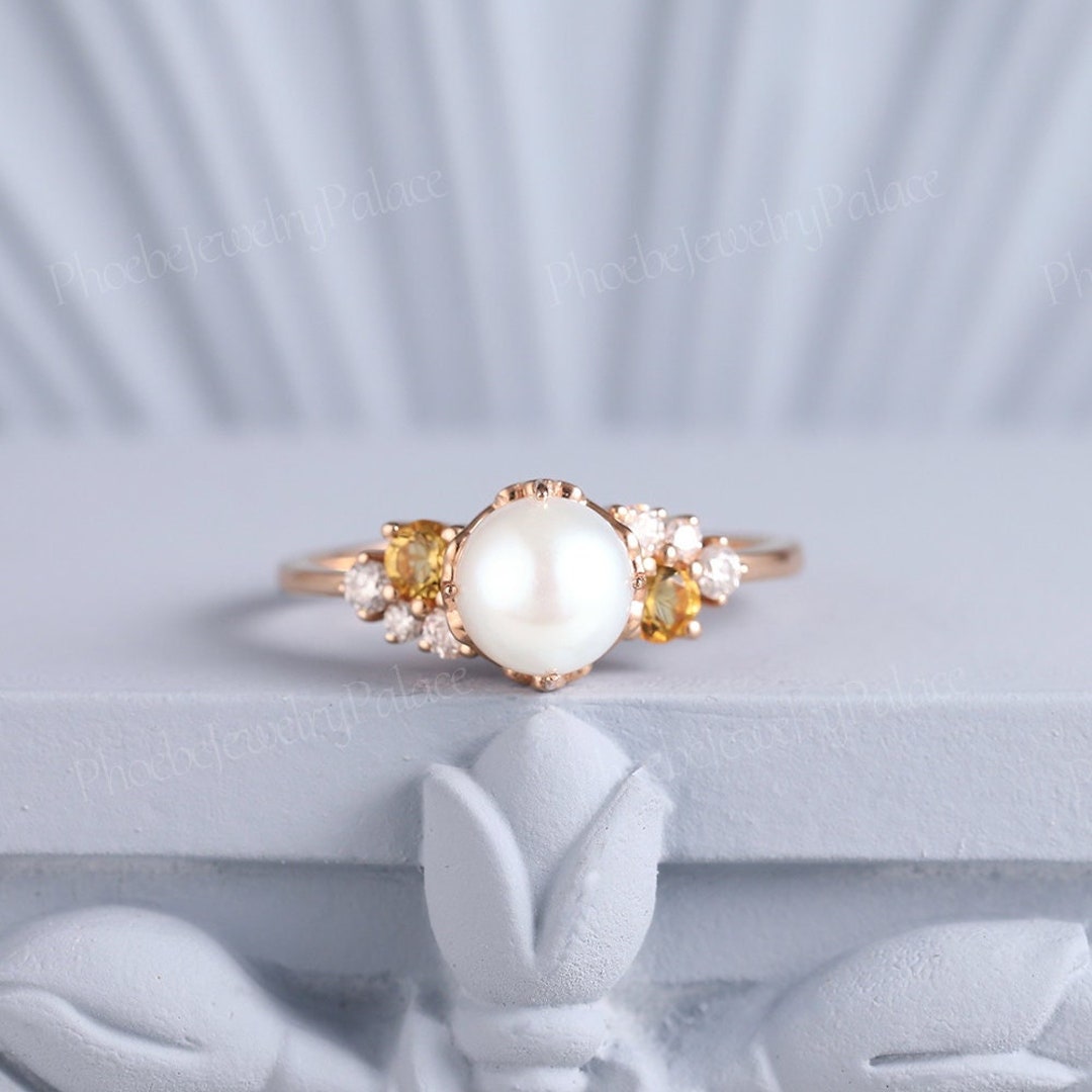 Delicate Akoya Pearl Engagement Ring Vintage Solid Gold Rings Citrine ...