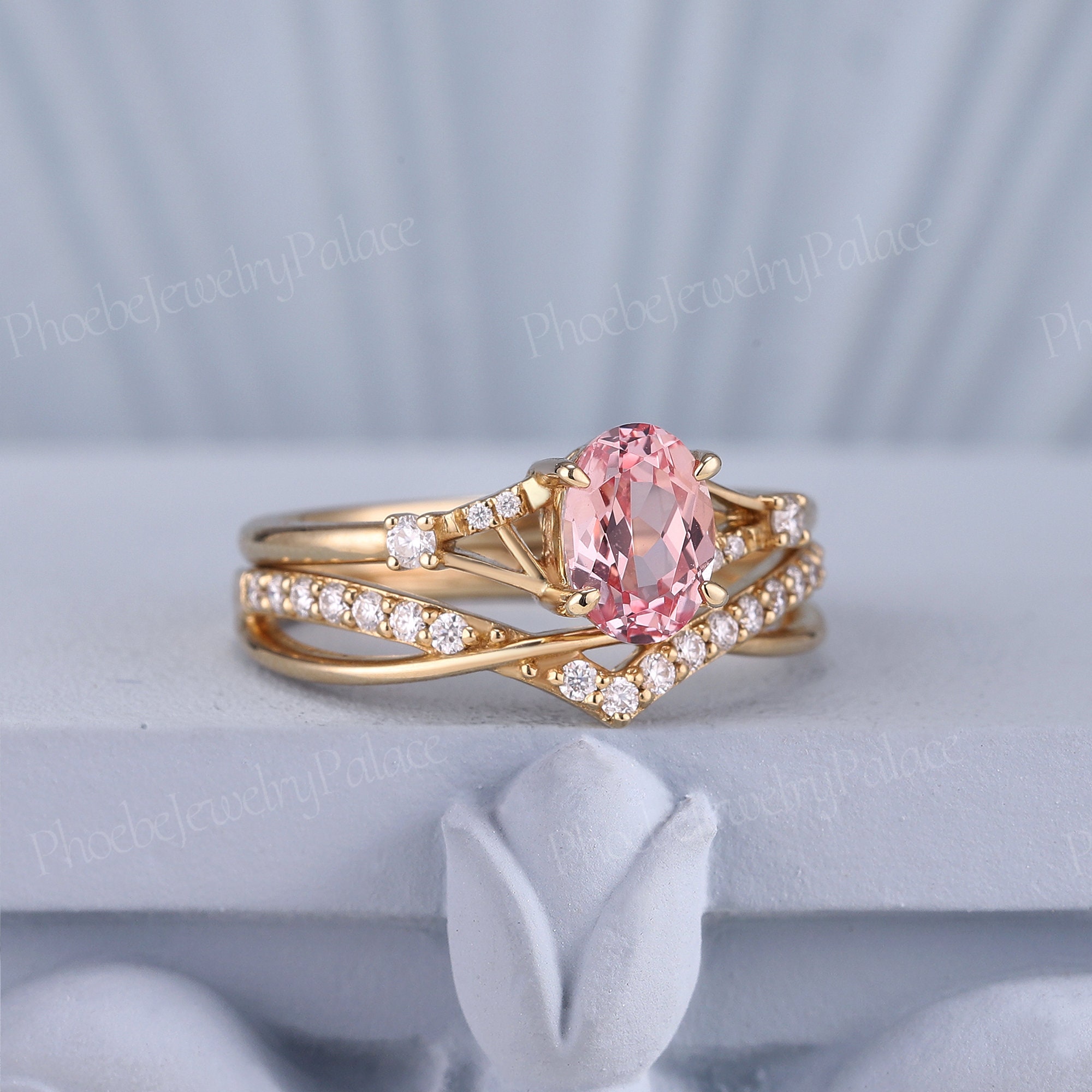 Art Deco Pink Sapphire Engagement Ring Set Pinky Wedding Ring Set for ...